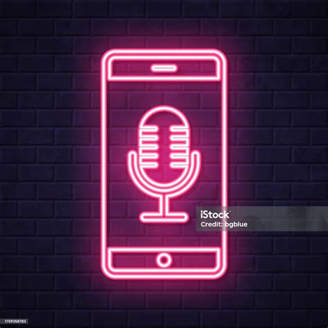 마이크가 있는 스마트폰 벽돌 벽 배경에 빛나는 네온 아이콘 Brand Name Smart Phone에 대한 스톡 벡터 아트 및