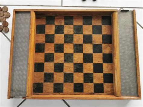 ANCIEN JEU DE dames en bois et métal complet 2 plateaux recto verso