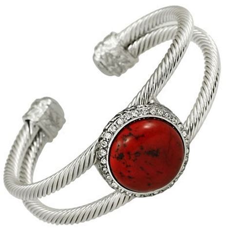 Designer`s Touch Large Red Coral Double Cuff Bracelet Rhinestones