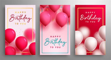 생일 축하 벡터 포스터 디자인 풍선과 색종이가있는 생일 인사말 텍스트 모음 기념일에 대한 스톡 벡터 아트 및 기타 이미지