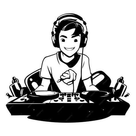 색 바탕에 만화 스타일의 터 일러스트레이션으로 Dj 음악을 연주합니다 프리미엄 벡터