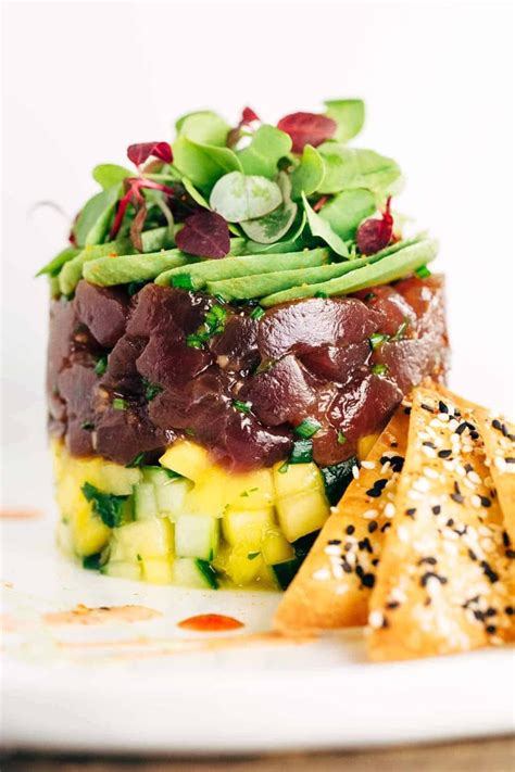 Hawaiian Bigeye Tuna Tower With Sesame Wonton Crisps Recipe Colorful