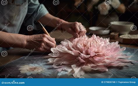 Craftsperson Skillful Hand Creates Elegant Flower Decoration Indoors