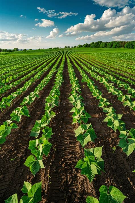 Freshly Planted Soy Plants In Organized Rows On Farm Field Stock