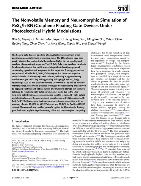 The Nonvolatile Memory And Neuromorphic Simulation Of Res2h‐bngraphene Floating Gate Devices
