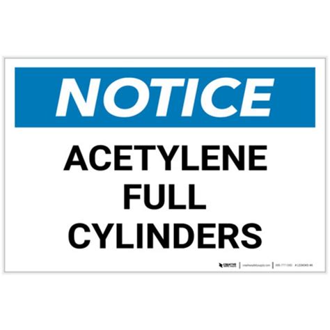 Notice Acetylene Full Cylinders Label Comprehensive Safety Signs
