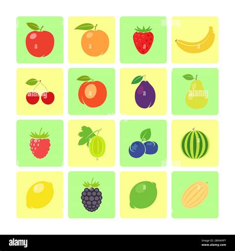 Flat Style Fruit Icon Set For Game Design Vector Illustration Stock
