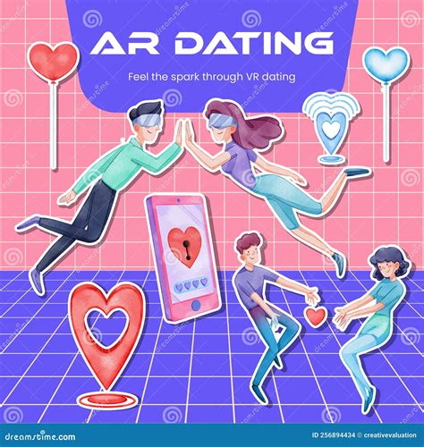 Sticker Template With Vr Dating Conceptwatercolor Style Stock