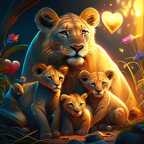 Leoa Filhotes Abraçando Família De Leões Cardíacos Leões mãe E Filhotes Ilustração d