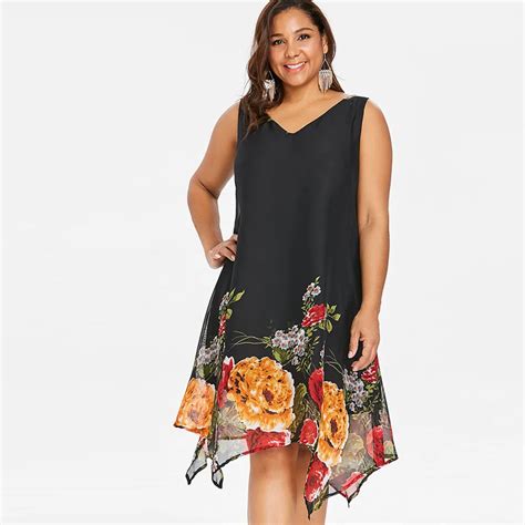 Aliexpress Buy Rosegal Plus Size V Neck Floral Handkerchief A Line Dress Women Dresses