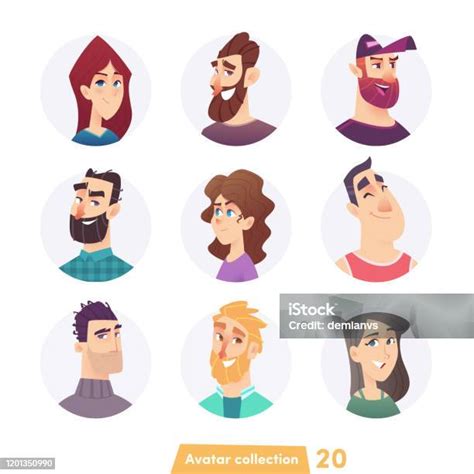 쾌활한 젊은 이들이 아바타 컬렉션입니다 사용자 면입니다 트렌디 한 현대 스타일 플랫 만화 캐릭터 디자인입니다 아바타에 대한 스톡 벡터 아트 및 기타 이미지 Istock