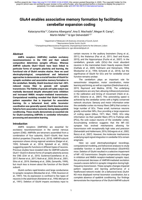 Pdf Glua4 Enables Associative Memory Formation By Facilitating Cerebellar Expansion Coding