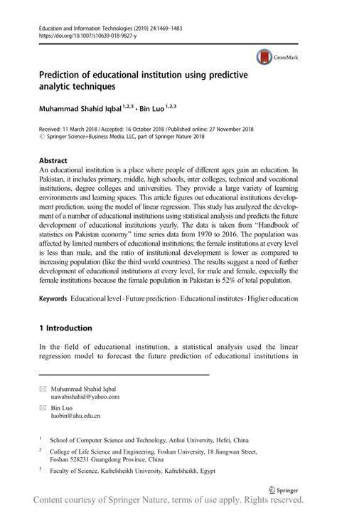 Prediction Of Educational Institution Using Predictive Analytic Techniques Request Pdf