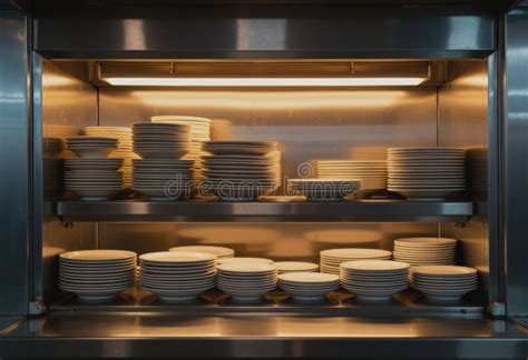 Dish Pass Window Filled With Stacked Empty Plates Under Warm Heat Lamps