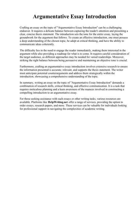 Sample Introduction Paragraph For Argumentative Essay Pdf