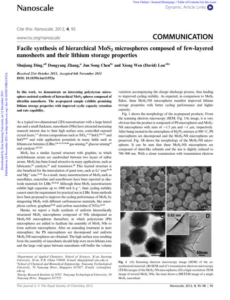 Pdf Facile Synthesis Of Hierarchical Mos2 Microspheres Composed Of
