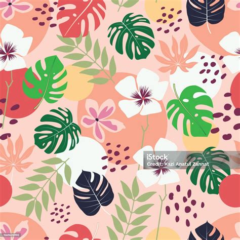 꽃무늬 이음새가 없는 패턴 몬스테라 아랄리아 잎 대수리 꽃과 얼룩 단풍 모티프의 기발한 배열 0명에 대한 스톡 벡터 아트 및 기타 이미지 Istock