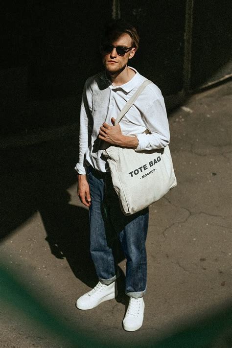 Download Premium Psd Image Of Casual Man With Eco Tote Bag Mockup By