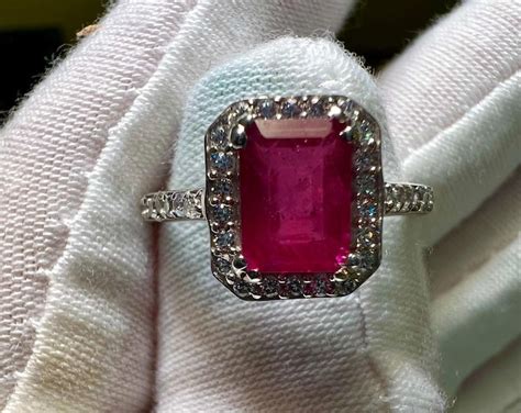 Natural 2ct Emerald Cut Red Ruby Halo Engagement Ring July Birthstone Etsy