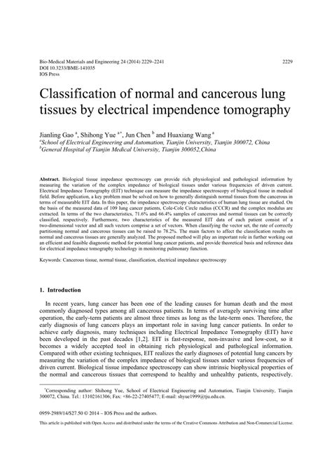Pdf Classification Of Normal And Cancerous Lung Tissues By Electrical Impendence Tomography