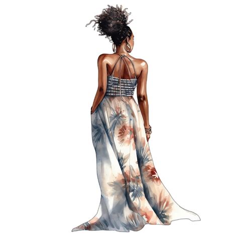 Premium Ai Image Black Women Boho Fashion Back View Watercolor