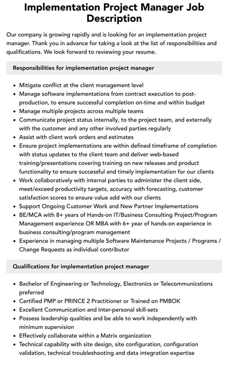 Implementation Project Manager Job Description Velvet Jobs