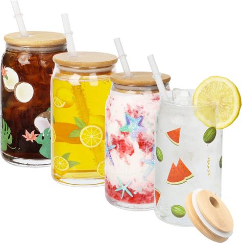 8 Pcs Drinking Glasses With Bamboo Lids And Glass Straw