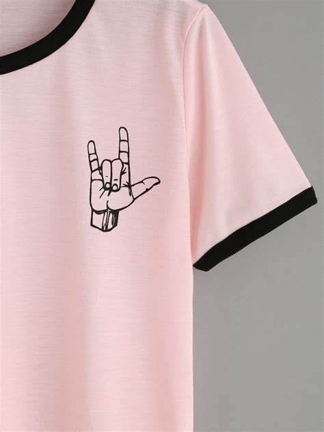 Pink Contrast Trim Love Gesture Print T Shirtfor Women Romwe