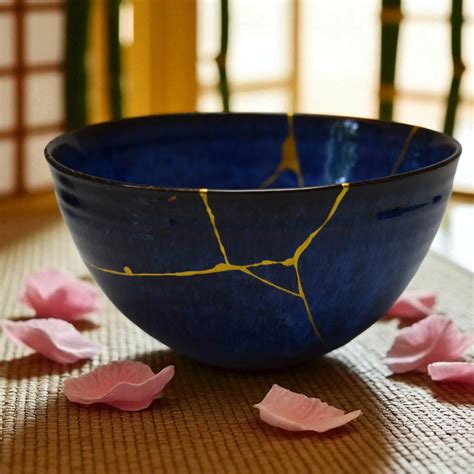 Dark Blue Chawan Pure Gold Kintsugi