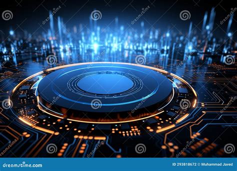 A Modern Circuit Board Merges With A Circular Hud Connection Concept Stock Illustration