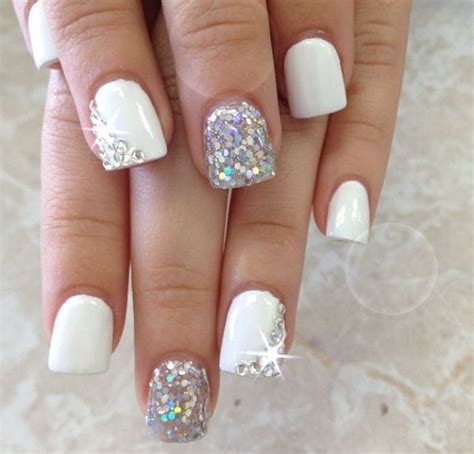 Beautiful White Gel Nails With Rhinestones And Glitter White Glitter