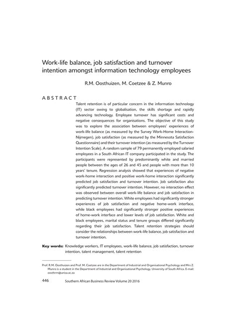 Pdf Work Life Balance Job Satisfaction And Turnover Intention Amongst Information Technology