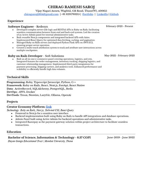 Resume Pdf Ruby On Rails Systems Architecture