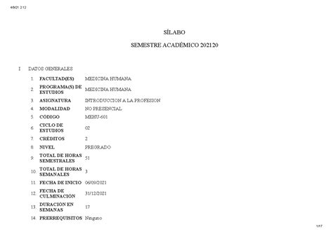 Silabo Introducción A LA Profesión 2021 20 SÍLABO SEMESTRE ACADÉMICO