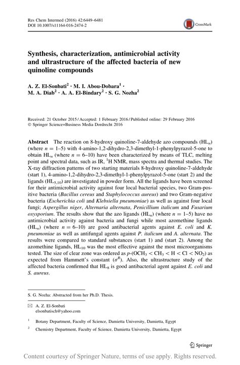 Synthesis Characterization Antimicrobial Activity And Ultrastructure