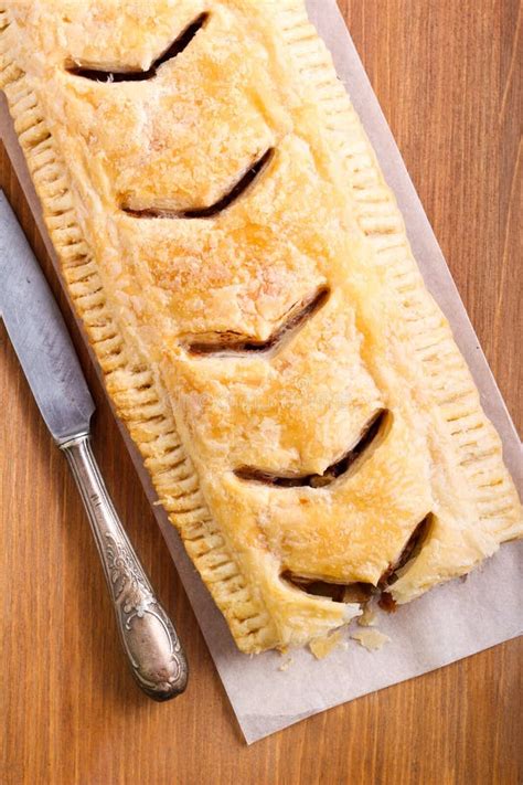 Homemade Puff Pastry Flan With Plums Delicious Rectangular Gale Stock