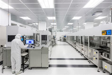 Inside Bright Advanced Semiconductor Production Fab Cleanroom With Working Overhead Wafer