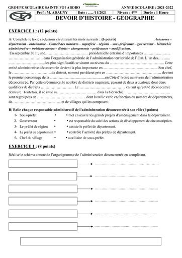 Devoir Histoire Géographie Niveau 4ème 2021 2022 Collège Sainte Foi