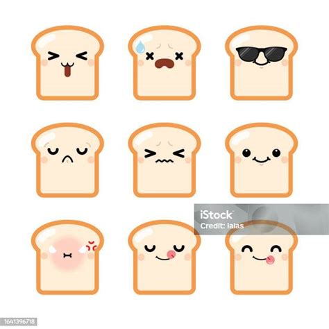 귀여운 만화 토스트 빵 이모티콘 세트는 흰색 배경에 격리되어 있습니다 벡터 그림입니다 감정에 대한 스톡 벡터 아트 및 기타 이미지 감정 건강한 생활방식 건강한 식생활