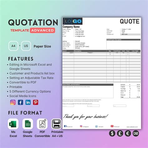 Quotation Templates Excel Etsy