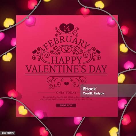 발렌타인의 날 제공에 대 한 템플릿 디자인 배너 핑크 참고 장식 네온 빨간색 배경에 화 환 및 행복 한 발렌타인 데가 세일에 대 한 요소를 소용돌이 로맨틱 승진 카드 그리고