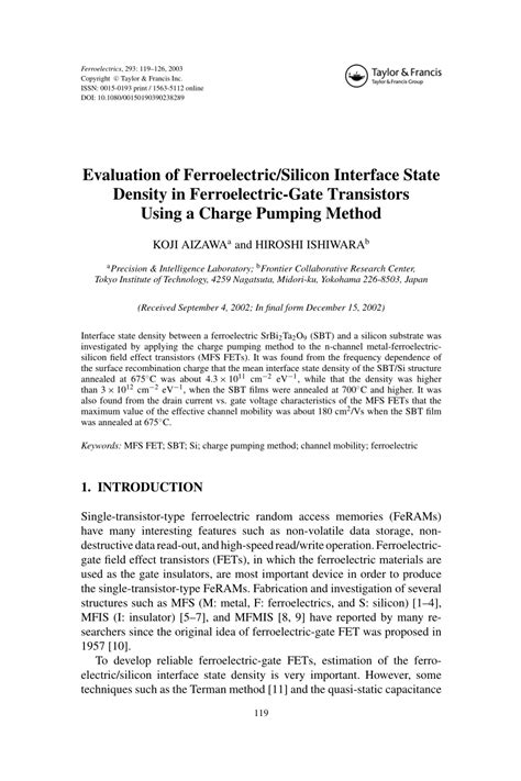 Pdf Evaluation Of Ferroelectric Silicon Interface State Density In Ferroelectric Gate