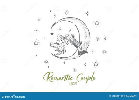 Cute Couple Floating In Sky Half Moon And Stars In Skyscape Man And