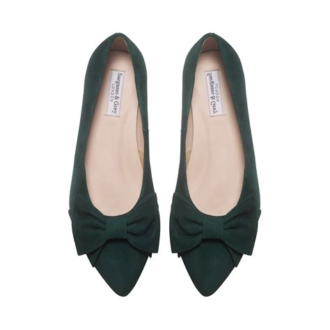 Dionne Wide Fit Bow Flats In Dark Green Suede Sargasso And Grey