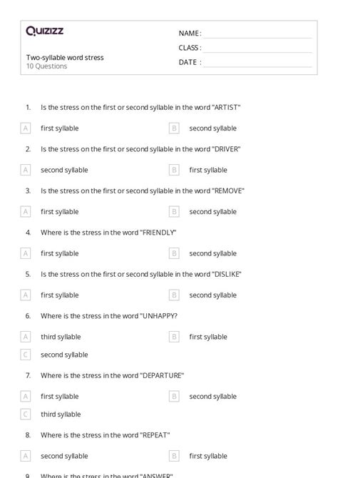 Multiple Syllable Words Worksheets For Th Class On Quizizz Free Printable