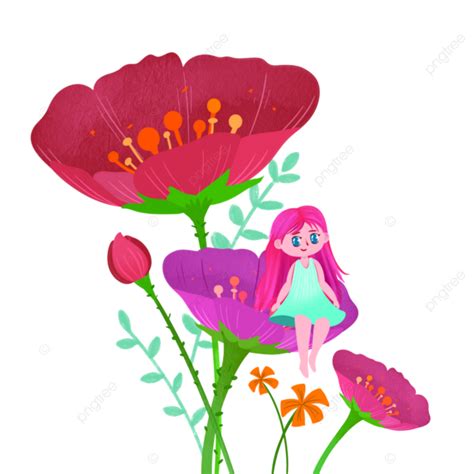 봄 꽃과 엘프가 있는 손으로 그린 장면 어린 소녀 꽃 플라워 Png 일러스트 및 Psd 이미지 무료 다운로드 Pngtree