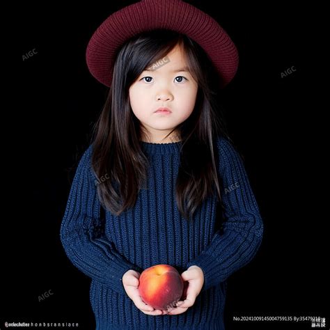 Ai创作图可爱 儿童 女孩 桃子 水果 萌娃 写真 肖像 摄影 艺术 童年 童趣 时尚 帽子 毛衣 表情 眼神 背景 黑色 光线 构图 色彩 质感 情绪 感觉 画面 美丽 精致 生活 记录