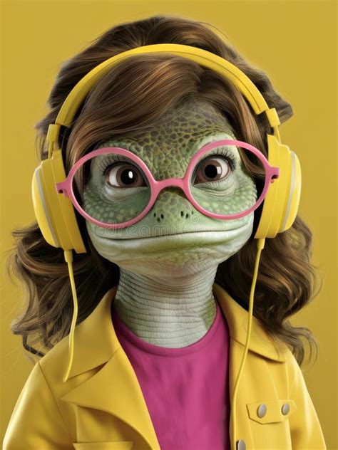 Stylish Anthropomorphic Lizard With Glasses And Headphones On Yellow