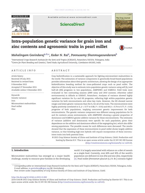 Pdf Intra Population Genetic Variance For Grain Iron And Zinc Content And Agronomic Traits In
