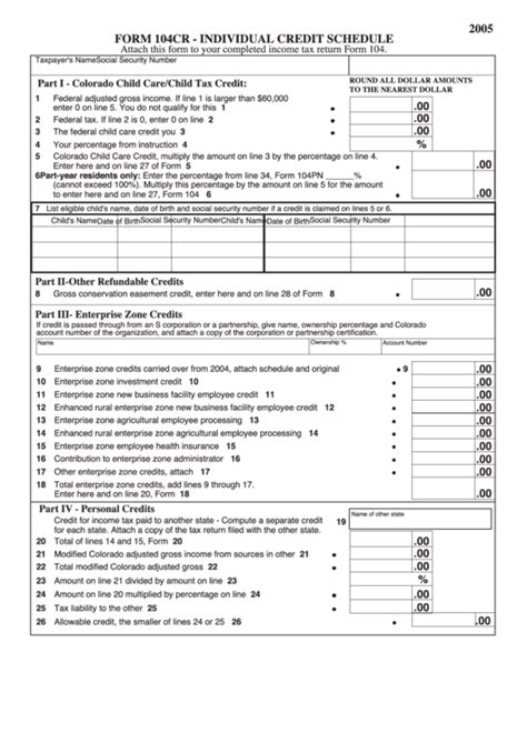 Fillable Form 104cr Individual Credit Schedule 2005 Colorado